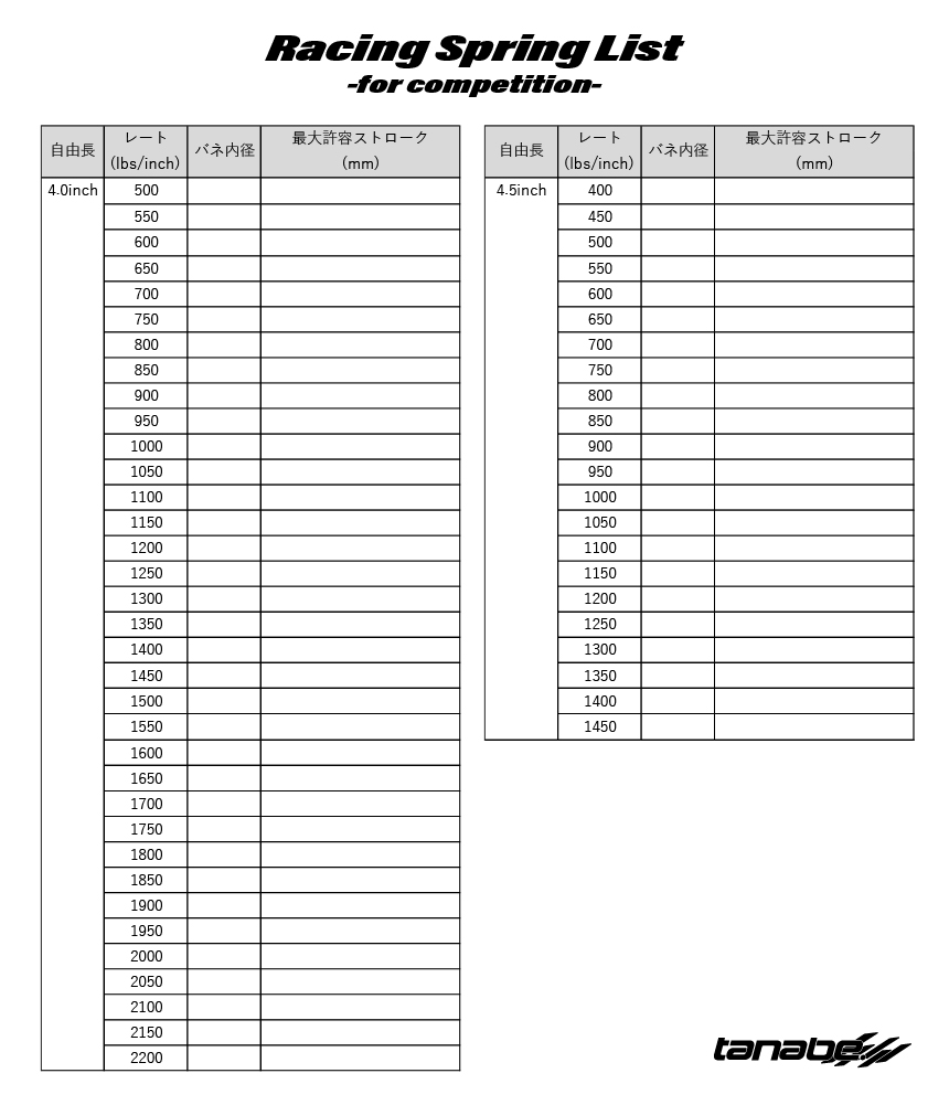 tanabe レーシングスプリング - サスペンション・マフラー・ホイールのトータルメーカー TANABE｜